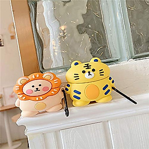TOU-BEGUIN Wireless Earphone Case Compatible with Airpods Pro, Cute 3D Cartoon Animals Tiger Design Soft Silicone Full Body Protective Skin Cover Accessories with Hook