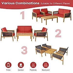 PATIOJOY 4 Pieces Outdoor Acacia Wood Furniture Set, Outdoor PE Wicker Conversation Set with Coffee Table and Soft Cushions, Outdoor Sofa Set for Garden, Poolside and Backyard (1, Red)