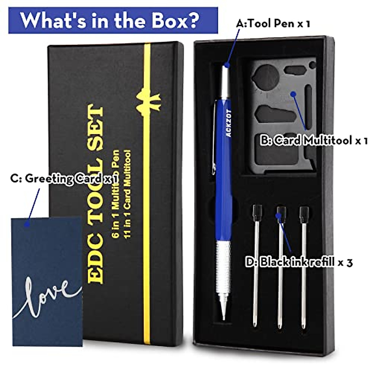 Gift for Men, Multitool Pen + Card Tool, Stocking Stuffers for Him Dad Husband Boyfriend, Ballpoint Pen with Screwdrivers / Ruler / Spirit Level / Stylus, Gift Box