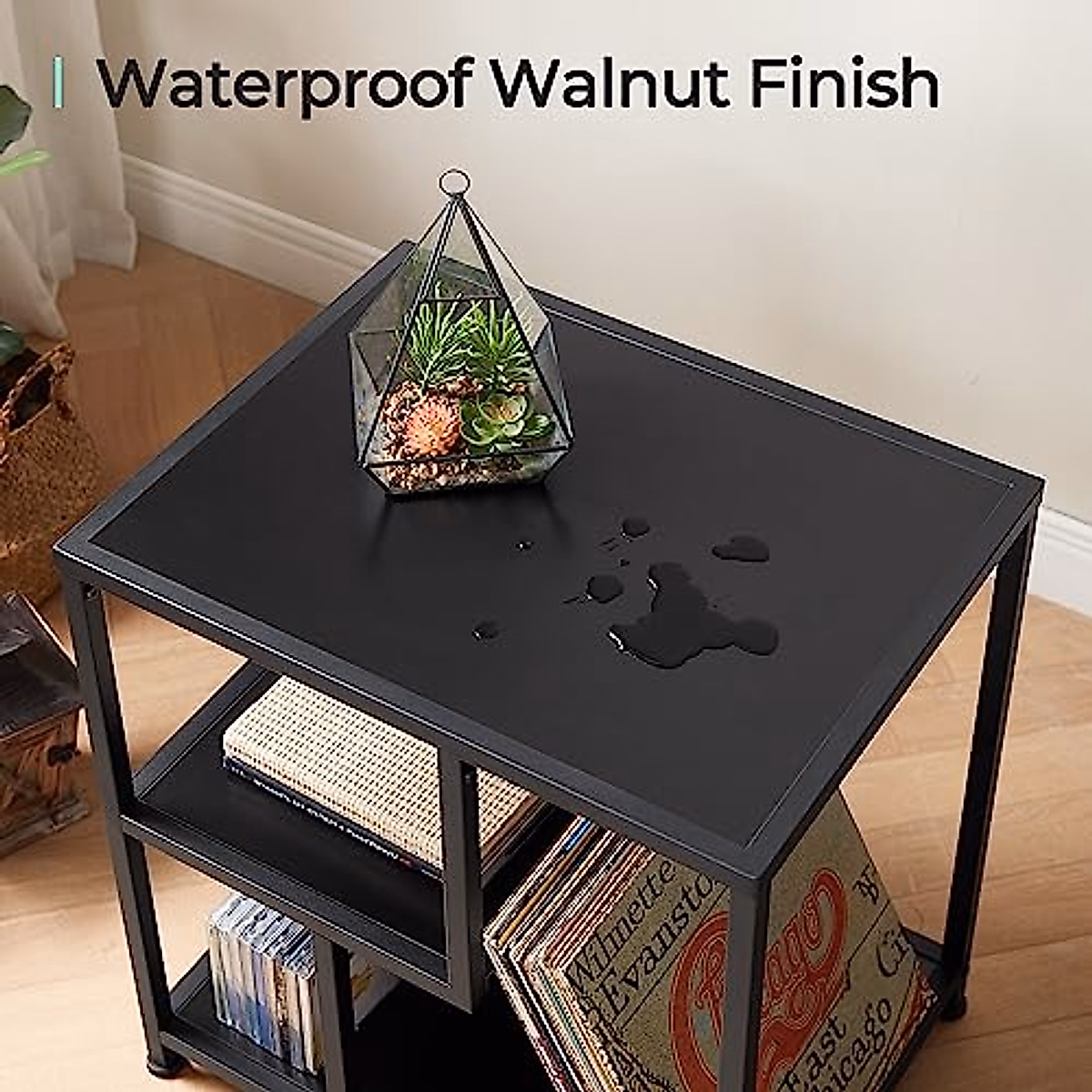 LINSY HOME End Table, 3-Tier Narrow Side Table with Storage Shelves, Industrial Beside Table, Wood Nightstand for Living Room, Bedroom, Balcony, and Office, Easy to Assembly, Black