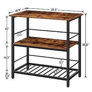 HOOBRO Kitchen Island with Wine Rack, Industrial Kitchen Counter with Hooks and Protective Rails, 3 Tier Kitchen Shelf with Large Workstation, Easy Assembly, Rustic Brown BF02ZD01
