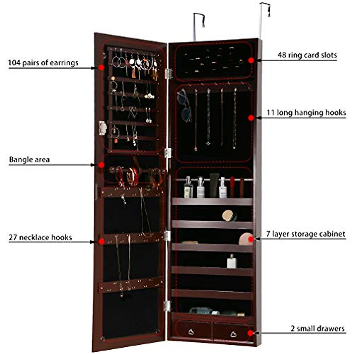 FDW Jewelry Cabinet 47.3" H Wall/Door Mounted Lockable Jewelry Armoire With 2 Drawers 6 Shelves 43.3"×10.6" Mirror High Capacity Jewelry Organizer, Brown