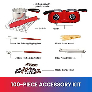 Total Chef Deluxe Chocolatiere Dual Electric Melter for Chocolate and Candy Melts, 17.6 oz (500 g), Fondue Pot, DIY Candy Maker with 100+ Piece Accessory Kit for Dessert, Special Occasion, Red
