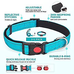 Tpotato Reflective Dog Collar And Leash Set,Adjustable Neoprene Padded Nylon Collars, 6 FT Heavy Duty Dog Leash 2 Comfortable Handles Safety Locking Buckle for Puppy Small Medium Extra Large Breed Dog