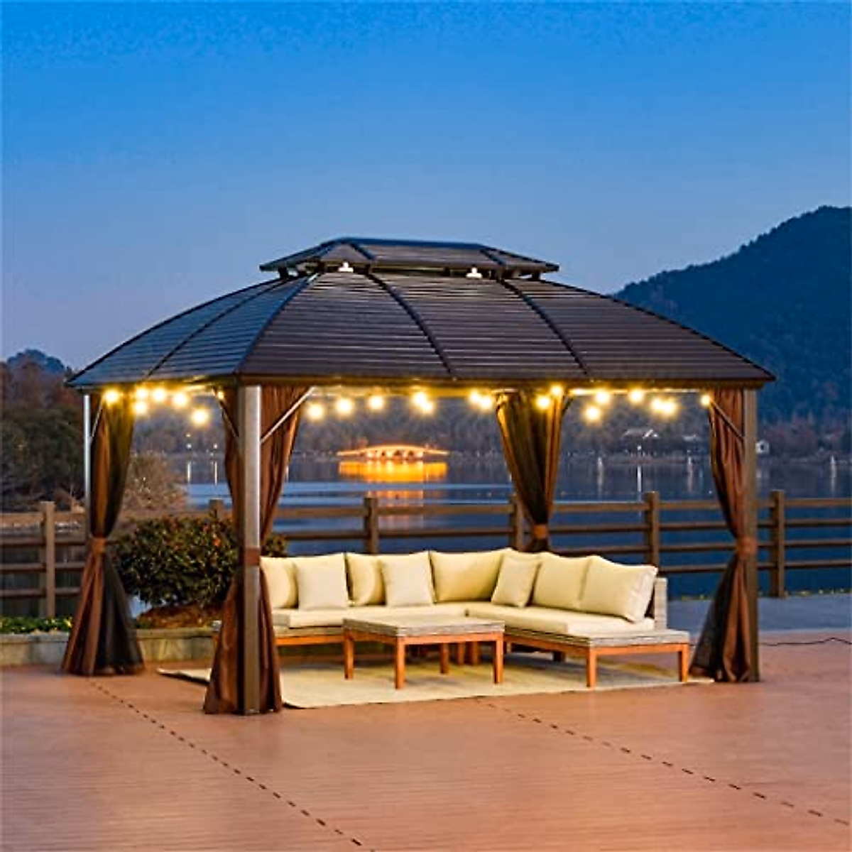 SDGH 10x12 Hardtop Gazebo with Aluminum Frame, Metal Roof Gazebo Canopy with Curtains and Netting for Gardens, Patios