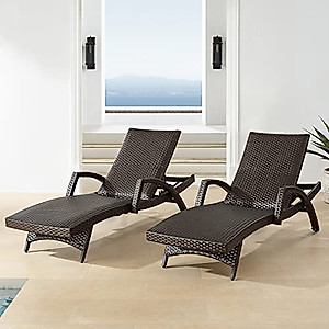 Ulax Lounge Chairs for Outside, Woven Padded Non-Rust Aluminum Chaise, Quick Dry Foam, Adjustable Armed Patio Lounger with Wheels, 2-Pack (Dark Brown)