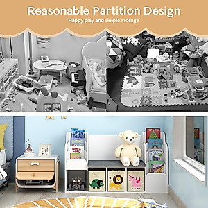 Jiansu furni,Kids Bookshelf with Reading Nook,Toy Storage Organizer with Seat Cushion,Kids Reading Nook with Bench for Playroom,Bedroom and Living Room,White