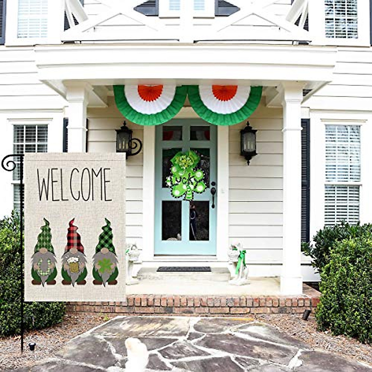 FUNNISM 2 PCS St Patrick Day Gnome Decoration Vertical Garden Flags,Double Sided Welcome Holiday Gnome Horseshoe Beer Shamrock Garden Burlap Banner,Garden,Porch,Patio,Yard Outdoor Decoration(12.5x18")
