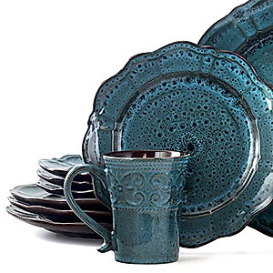 Elama Round Stoneware with Scalloped Edges Dinnerware Dish Set, 16 Piece, Blue
