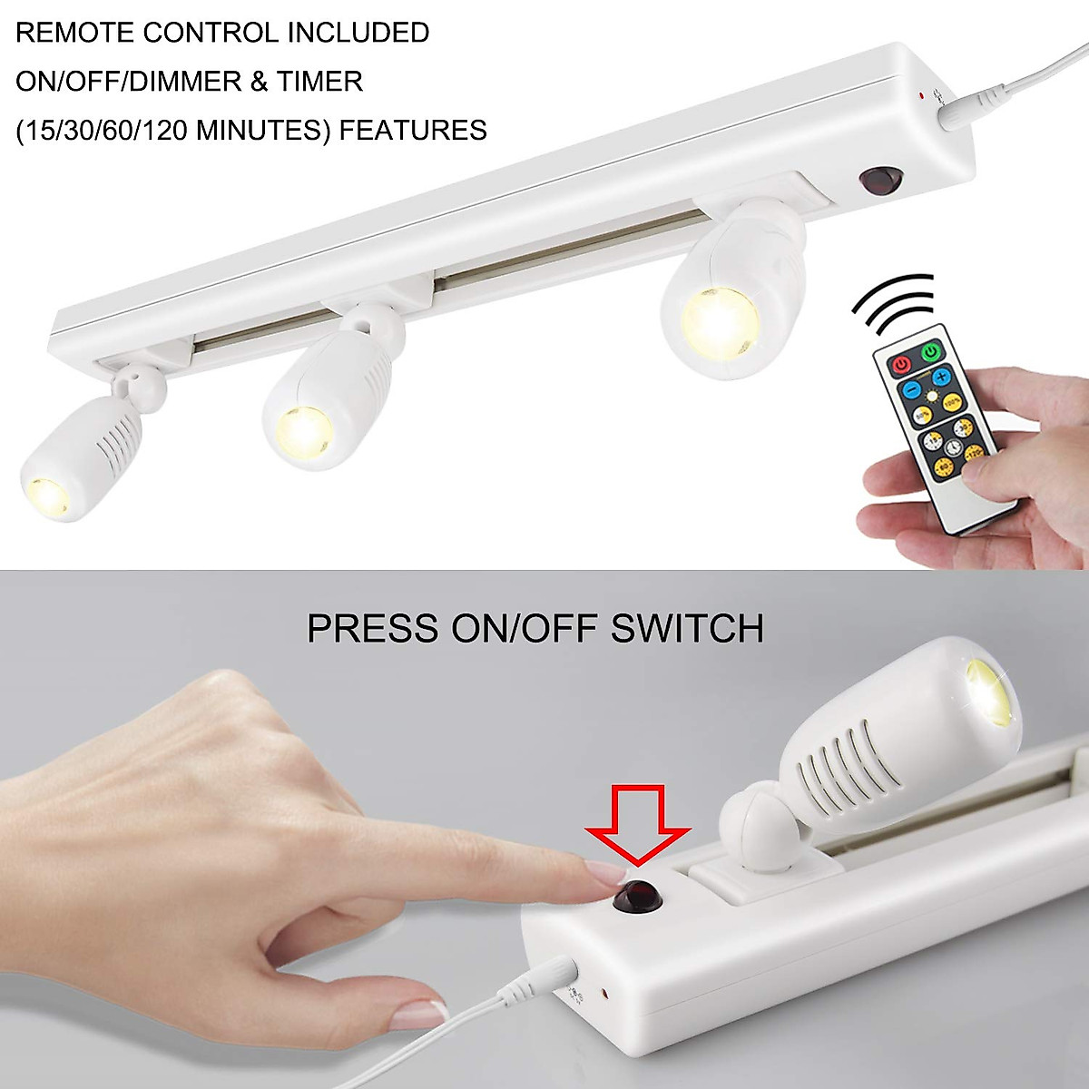 HONWELL Track Lighting LED Spotlights with 3 Rotatable Lights Heads, Under Cabinet Counter Lighting Plug in Accent Lights Remote Controlled Ceiling Track Lights for Wall Picture Artwork Display