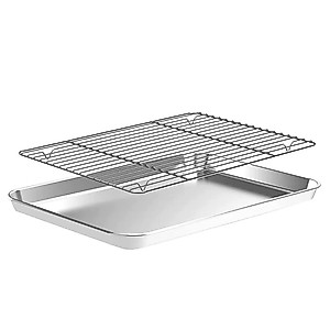 N&S AMOCWJ Food Grade Cookie Sheet with Wire Rack, Half Baking Pan for Oven Cooking, Stainless Steel Rimmed Tray Cooling Roasting Broiling Bacon Meat Steak - Dishwasher Safe (XL), Silver