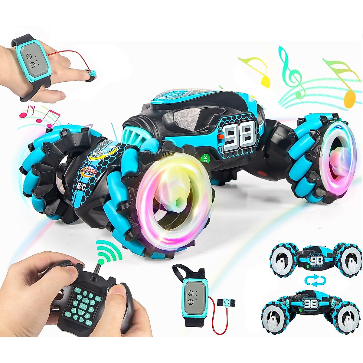 Boxgear 1:12 Gesture Sensing RC Stunt Car Off-Road, Four-Wheel Drive, Sports Mode, 40 Min Standby Suitable for Any Terrain, 2.4G Gesture Controlled Double-Sided Remote-Control Car Toy for Kids, Blue