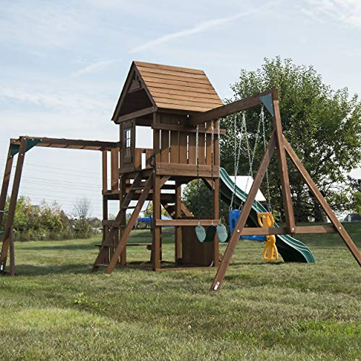 Swing-N-Slide WS 8352 Knightsbridge Ultimate Swing Set with Slide, Monkey Bars, Climbing Wall, Wood Roof, Picnic Table & Glider, Wood, Green