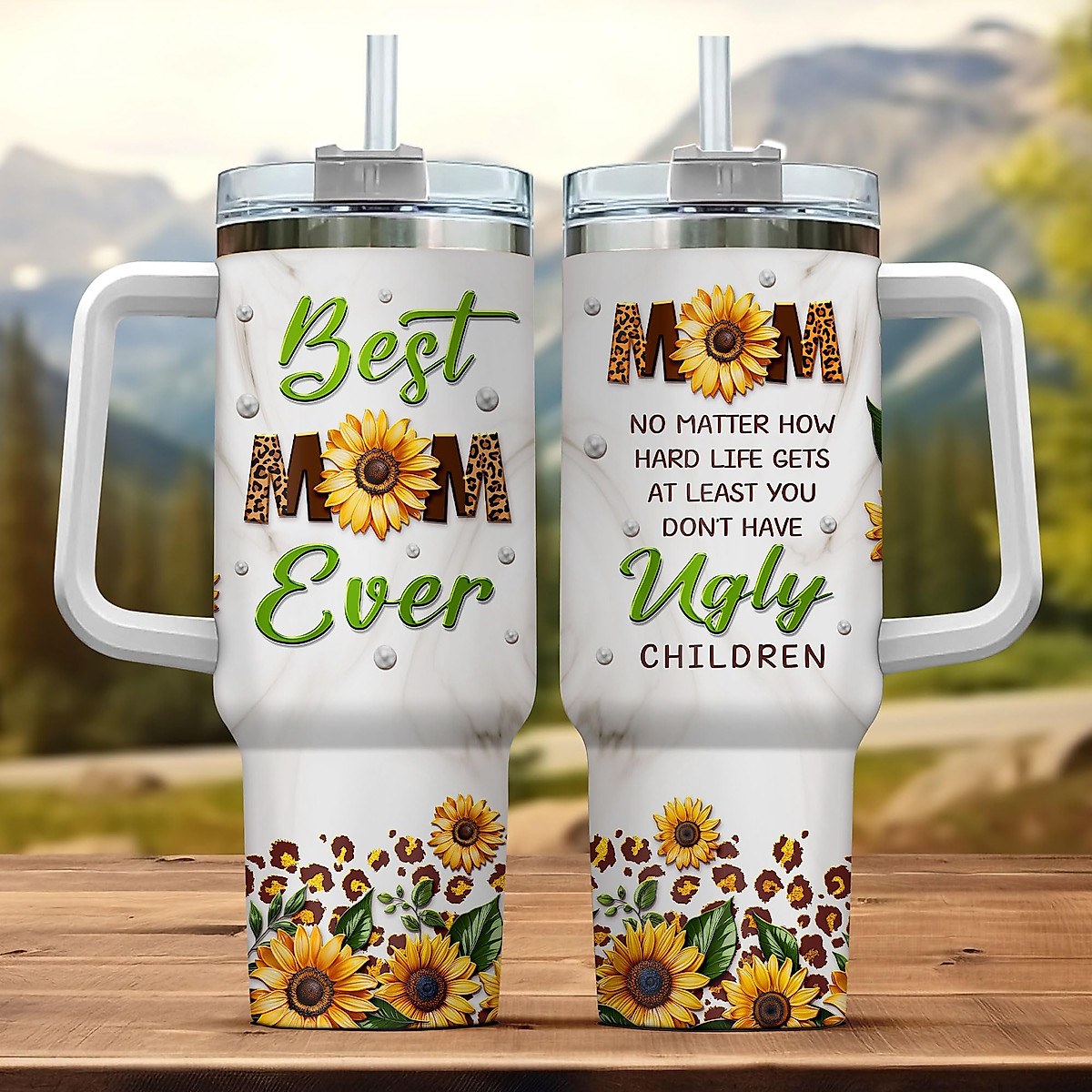 99OWL Cups Straws Coffee Black Water Green Simple Cup Be Tumblers Print Handle Day, Best Mom Ever Gifts, Tumbler 40 Oz With Handle Lid And Straw, Mom Carving Leopard Sunflower