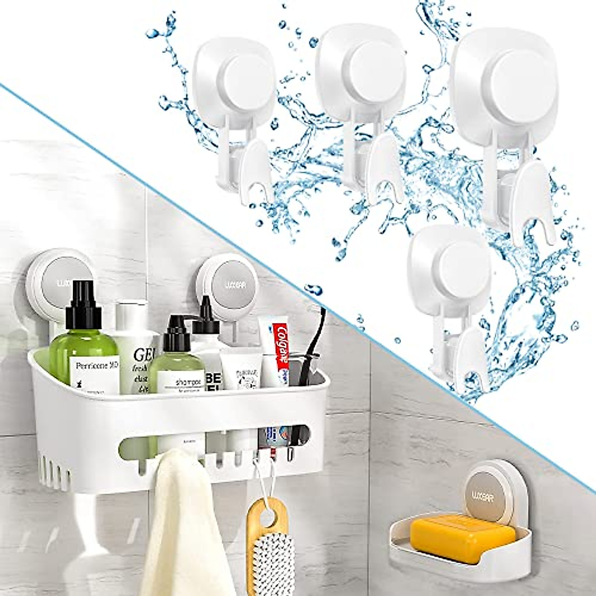 LUXEAR Shower Caddy Suction Cup Sets Shower Shelf Basket + Soap Dish Holder + 4 pack update replacement hooks suction cup for bathroom and kitchen