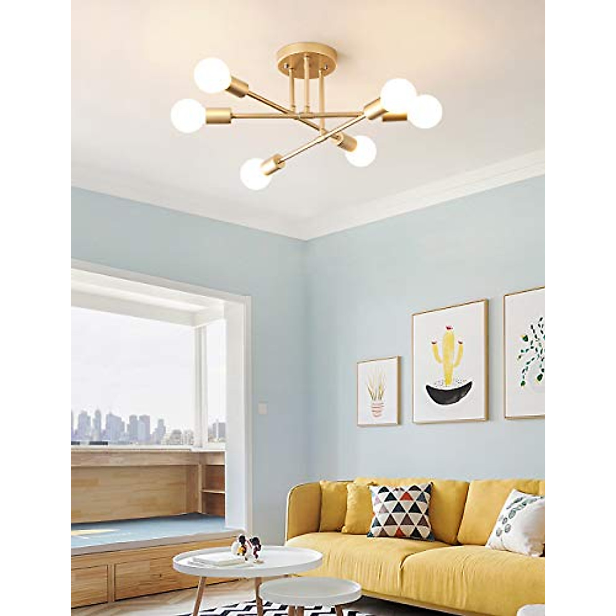 Dellemade Modern Sputnik Chandelier, 6-Light Ceiling Light, 6 LED Light Bulbs Included for Bedroom,Dining Room,Kitchen,Office (Gold)