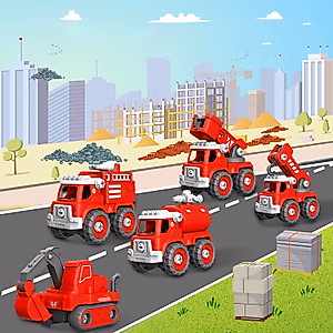 Fire Truck Toy for Boys Take Apart Robot Toys 5 in 1 Transform Robot Car Set, Firetruck Construction Vehicles Sets Building Robot Toys Kits with Drill Light and Music Gift for Boys Girls Ages 3-8