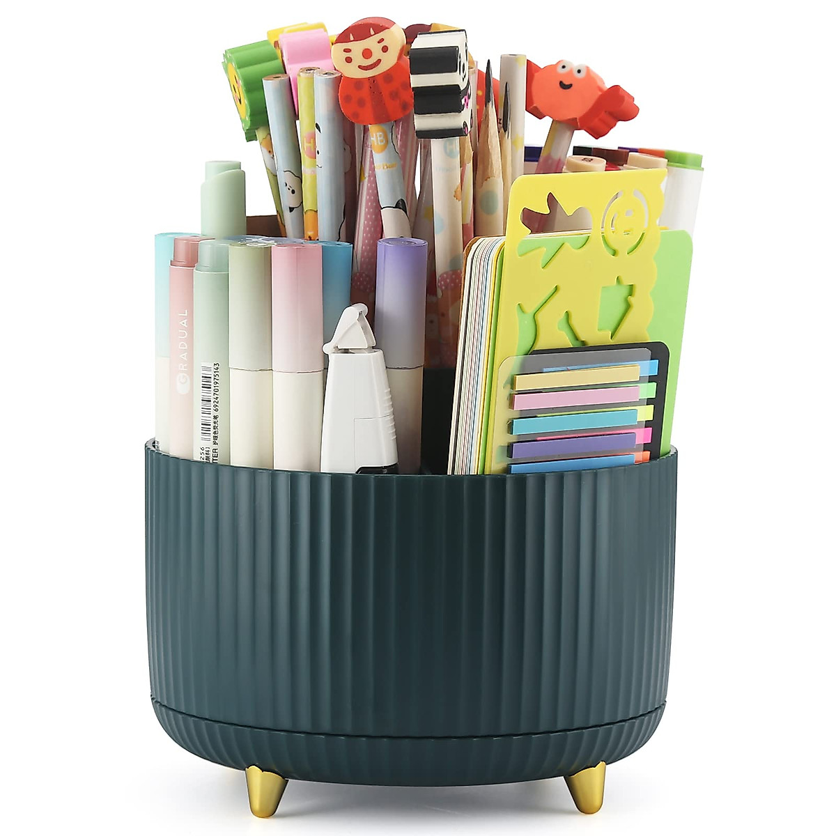 DOCMON Pencil Holder for Desk, 360 Degree Rotating Pen Holder Desk Organizer, Spinning Makeup Brush Holder, 5 Slots Pen Cup for School, Office, Home, Art Supply (Dark green)