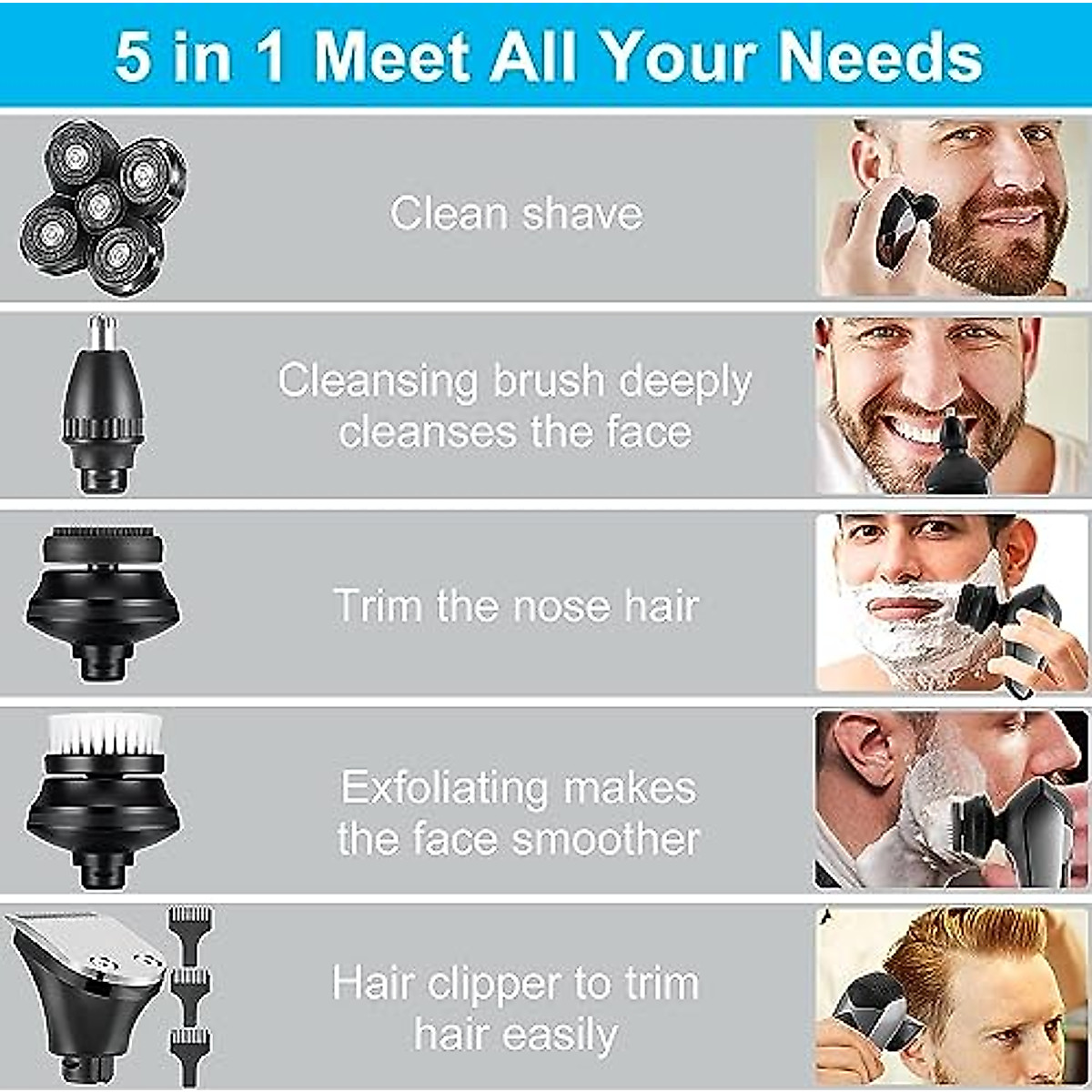 U-Kiss Electric Head Hair Shaver for Bald Men, 5-in-1 Mens Wet & Dry Electric Razor Grooming Kit with Nose Hair Trimmer, Beard Trimmer, IPX7 Waterproof and Rechargeable Electric Shavers for Men