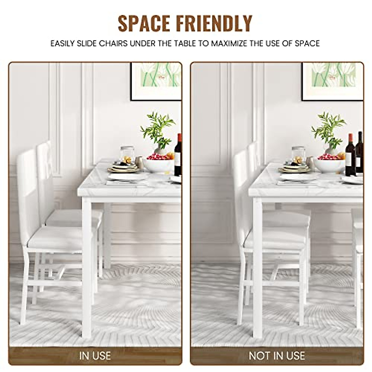 tantohom Faux Marble Dining Table Set, Compact Kitchen Table and Chairs for 4, 5 Pieces Dining Room Table Set with 4 Leather Upholstery Chairs for Small Space, Living Room, Breakfast Nook, All White