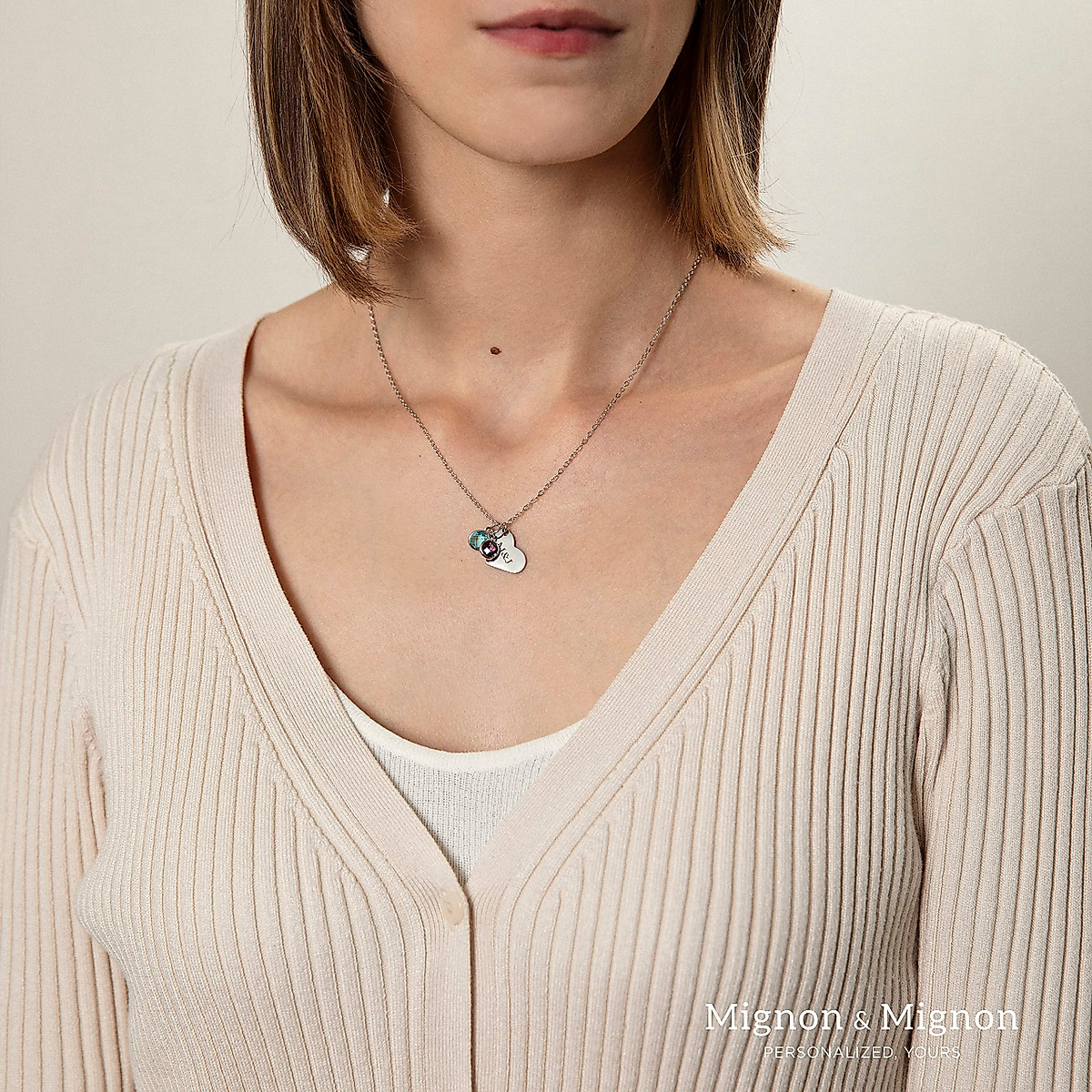 MignonandMignon Custom Name Engraved Birthstones Necklace Women Personalized Date Heart Jewelry Mothers Day Gifts for Her Matching Necklace April May Friends Birthday - MHN-BS