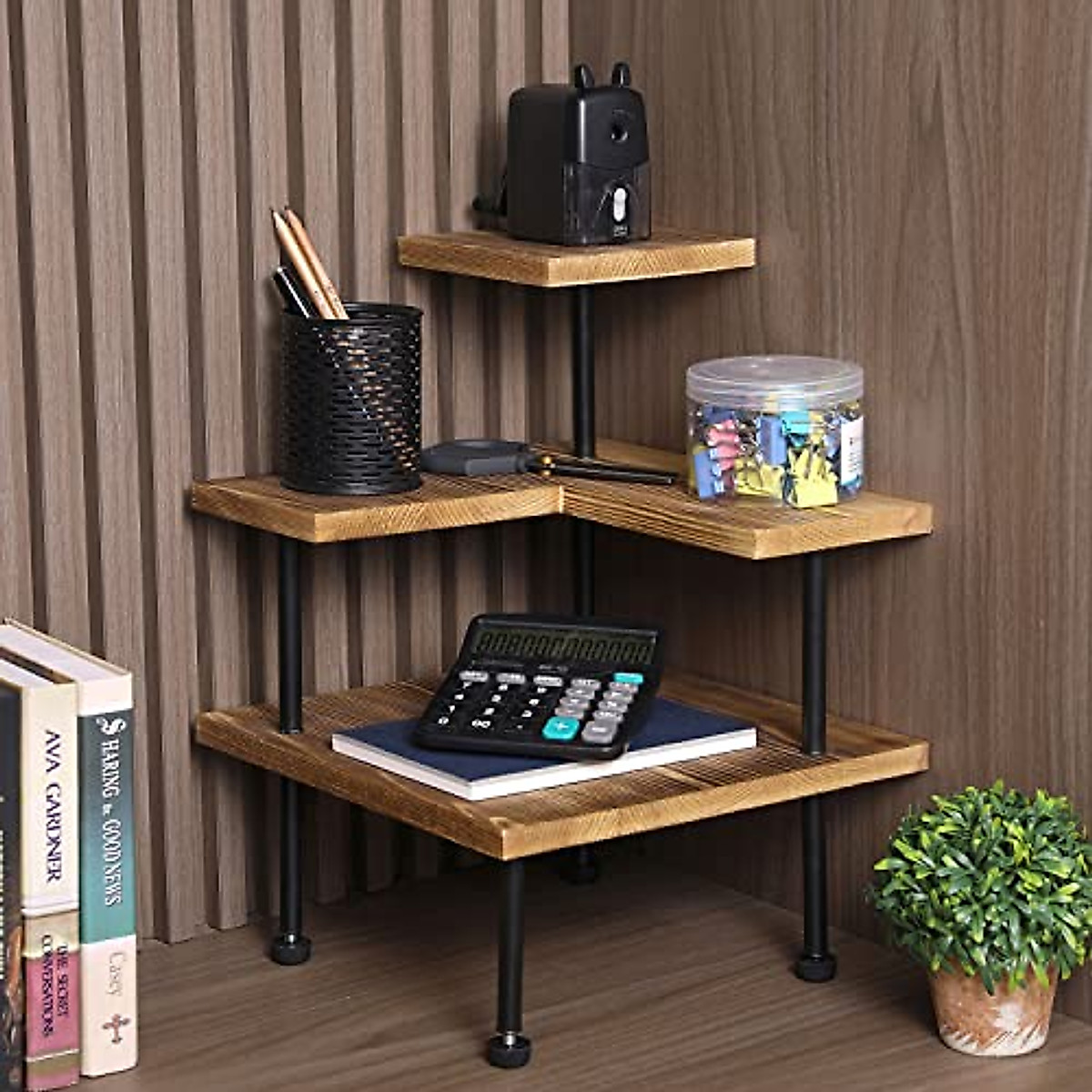 MyGift 3 Tier Rustic Burnt Wood Kitchen Countertop Corner Shelf, Counter Spice and Condiment Storage Display Rack, with Black Industrial Metal Pipe Legs