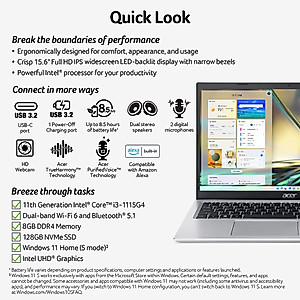 Acer Aspire 5 Slim Laptop, 15.6" Full HD IPS Display, 11th Gen Intel i3-1115G4 Upto 4.1GHz (Beat i5-1035G4), WiFi 6, Amazon Alexa, Windows 11 S(4GB|128GB SSD)