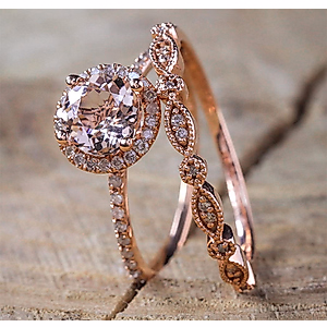 Koguxuix 18K Rose Gold Ring Set Pink Elegant Morganite CZ Crystal Gemstone Wedding Bridal Ring Set (9)