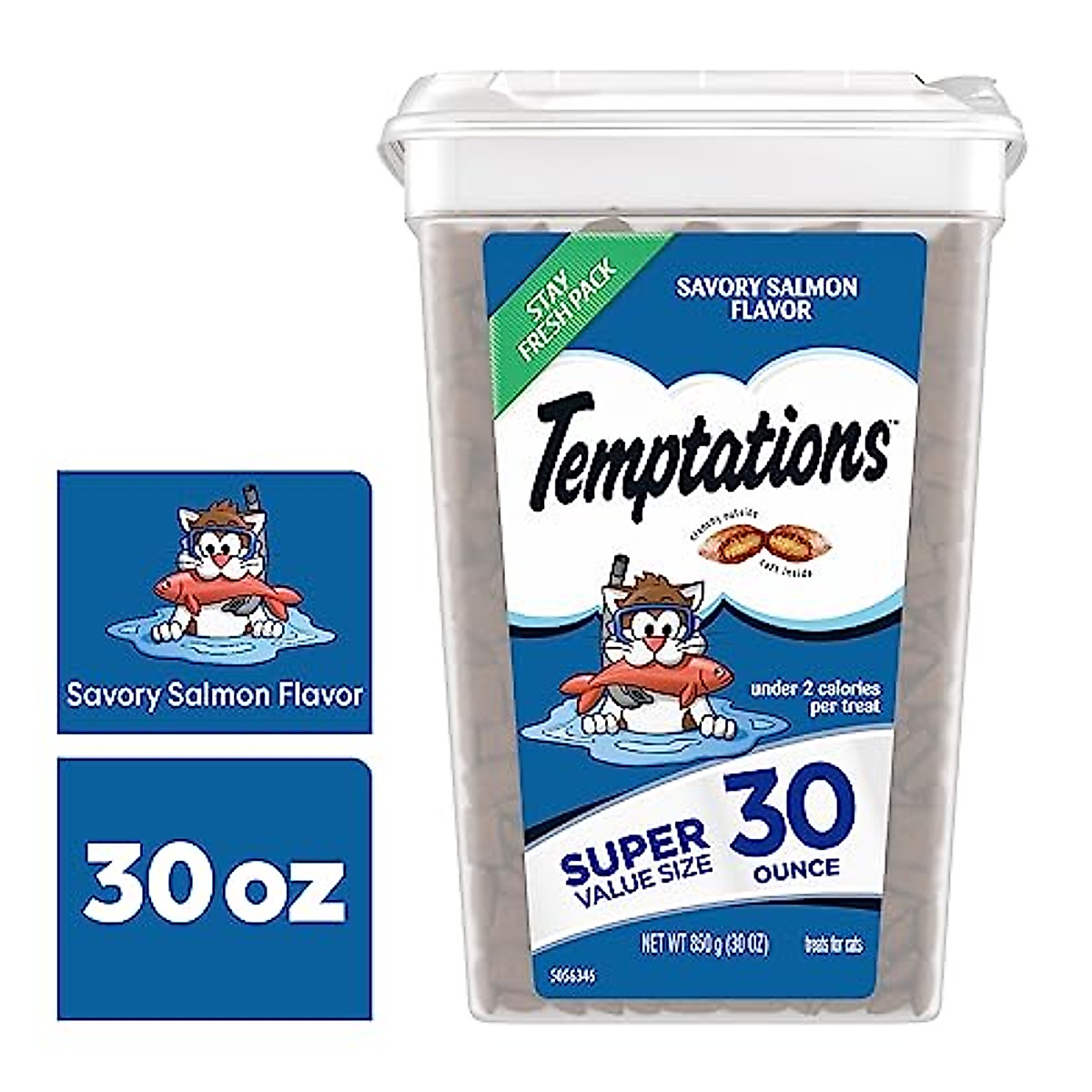 TEMPTATIONS Classic Crunchy and Soft Cat Treats Savory Salmon Flavor, 30 oz. Tub, Makes a Great Holiday Cat Treat