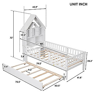 FIQHOME Twin Size Platform Bed for Kids, Twin Size Kids Bed Frame with House-Shaped Headboard, Wooden Twin Bed with Trundle and Fence Guardrails,Solid Wood House Bed for Girls Boys,White