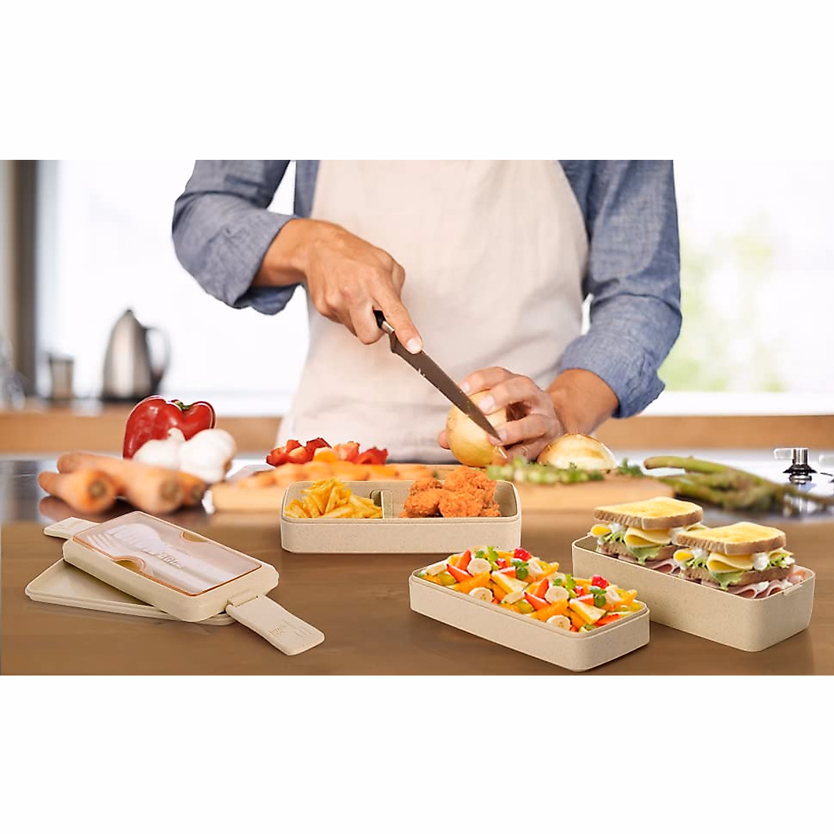 Yesland 3 Packs Bento Box, Japanese Lunch Box with Divider, Wheat Straw 3-In-1 Compartment Stackable Lunch Containers Meal Prep Containers for Kids and Adults (Green/Pink/Beige)