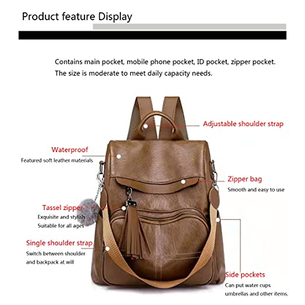 Women Backpack Purse PU Leather Shoulder Bag Travel Bag Handbag Casual Fashion Multifunction Ladys Satchel Bags Anti-theft