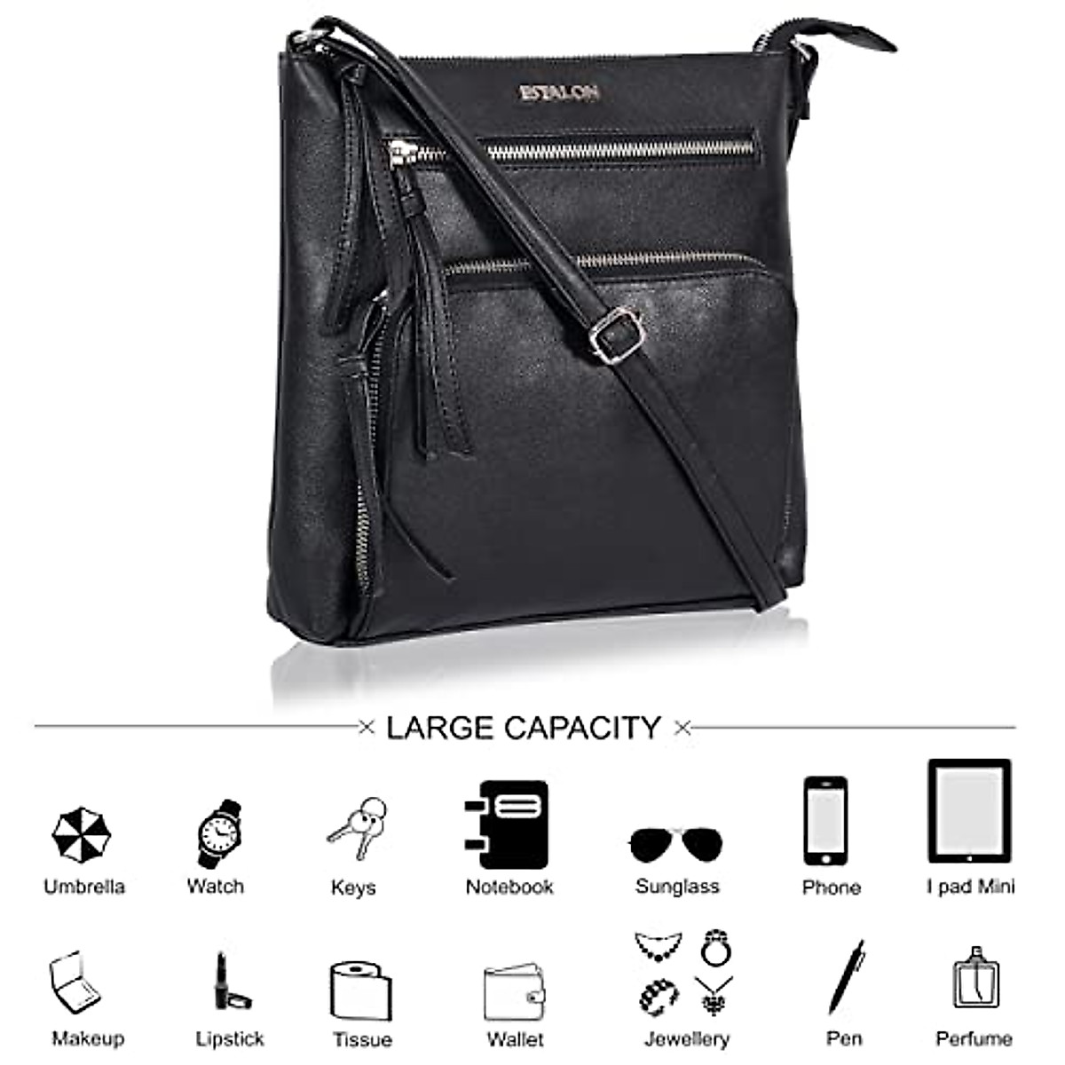 ESTALON Crossbody Bags for Women - Medium Size Crossover Women's Handbags and Purses for College Office Travel (Black)