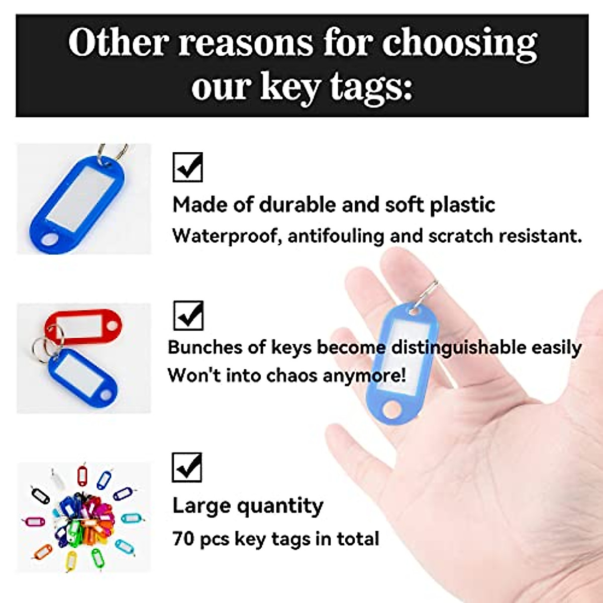 Sukh 70 Pcs Key Ring Tags - Key Tags Plastic 10 Assorted Colours of Key Ring Tags,Identifiers,Name Tags and Labels,Adapt to USB Drive,Keys,Pets,Bags,Clothes Racks and Drawers,Rectangular 2.1x4.6cm