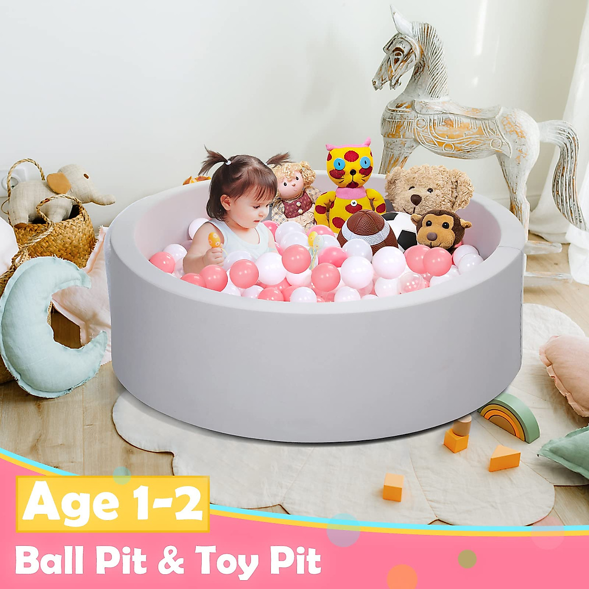Moncoland Round Foam Kids Ball Pit for Toddlers, Large Baby Ball Pit with Soft Sponge Kids Play Tent Ball Pool, Children Gift Idea for Baby Infant Indoor and Outdoor Game (Gray, No Balls)