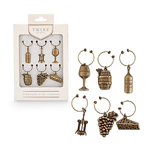 Twine Antiqued Farmhouse Decor Wine Charms, Drink Markers and Glass Markers for Wine Party and Birthday Party Favors, Wine Accessories, 6 Count