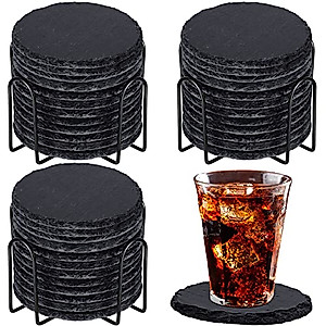 48 Pieces Round Slate Coasters Bulk with 4 Metal Holders 4 Inch Slate Drink Coasters Stone Coasters with Anti Scratch Bottom for Table Home Coffee Cup Kitchen Glass Office Bar Apartment Gift, Black
