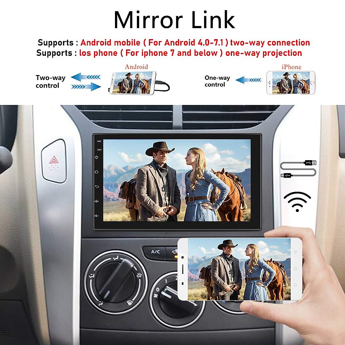 Hikity Android 13 Double Din Car Stereo 7 Inch Touch Screen Car Radio GPS Navigation WiFi Bluetooth FM Radio Mirror Link for iOS/Android Phones, with 12 Led Lights AHD Rear View Camera Mic
