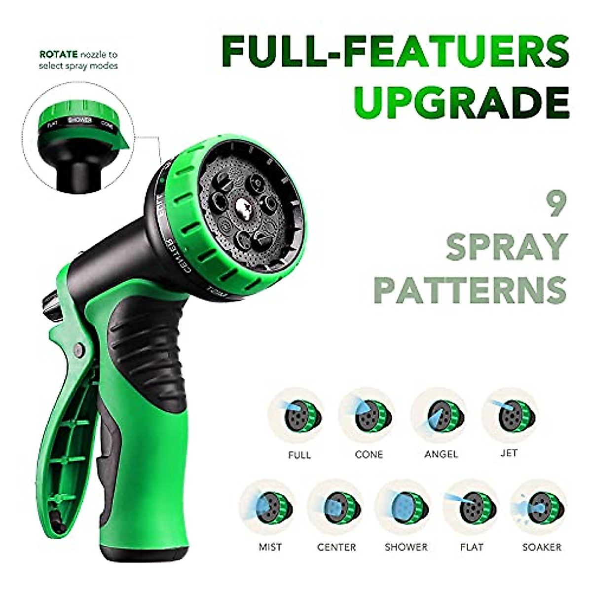 WOHOUS Expandable Garden Hose 100ft - 9 Function Spray Nozzle and 4-Layer Latex Core with 3/4" Solid Brass Fittings, Anti-Leakage Retractable Garden Hose (100 FT- Green)