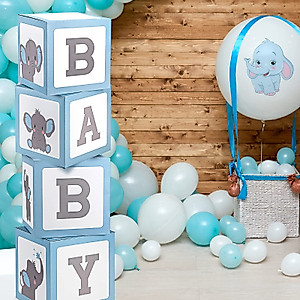 Epakh 4 Pcs Elephant Baby Boxes for Baby Shower Decoration with 4 Pcs Baby Shower Party Boxes Elephant Printed Baby Blocks for Baby Boy Shower, Happy Birthday Decorations, Gender Reveal Party(Blue)