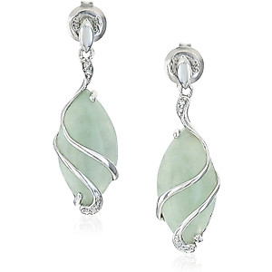 MORGAN & PAIGE .925 Sterling Silver & Green Jade Diamond-Accented 3/4" Wire-Wrapped Marquise Cut Drop Earrings