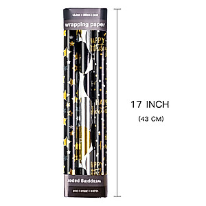 LeZakaa Birthday Wrapping Paper Roll - Mini Roll - Metallic Foil with Balloon, Star and Happy Birthday Lettering - 17 x 120 inches, 3 Rolls (42.5 sq.ft.ttl.)