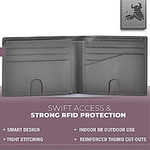 BULLGUARD Mens RFID Blocking Wallet Bifold with Flip Up ID in Saffiano Grey Genuine Leather