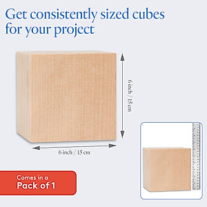 DIY Wood Cubes 6-inch, Pack of 1 Large Blank Wooden Blocks for Crafts, STEM, Building, Monitor Riser, Photo Cube Craft, and Home Decor, by Woodpeckers