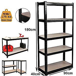 Lucg 180x90x40cm Shelving Shelves Racking Storage Shelf Unit Garage Shed Racking Storage Shelving Units Boltless Metal Shelves 5 Tier 875KG Capacity(175Kg Per Shelf) - Black