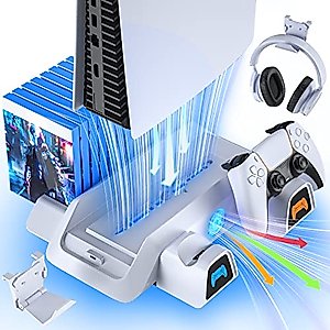 PS5 Stand and Cooling Station with Dual PS5 Controller Charging Station for Playstation 5 PS5 Console Disc/Digital Edition, PS5 Accessories, Cooling Fan, Headset Holder, 11 Game Slots, White