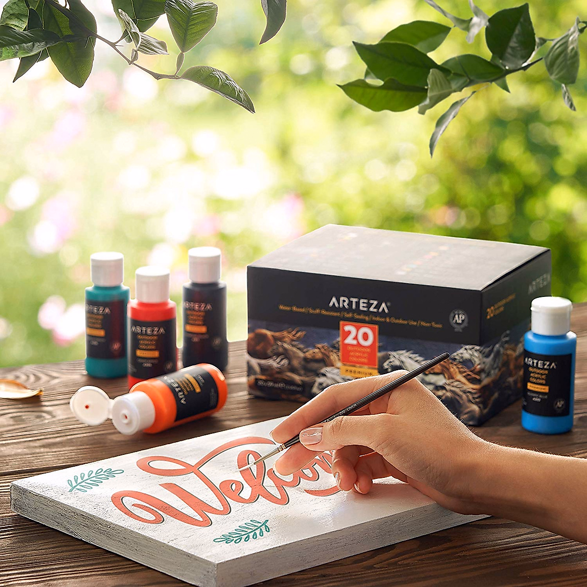 ARTEZA Outdoor Acrylic Paint Set, 20 Colors, 2 ounce Bottles, Multi-Surface Paints for Rock, Wood, Fabric, Leather, Paper, Canvas and Wall Painting