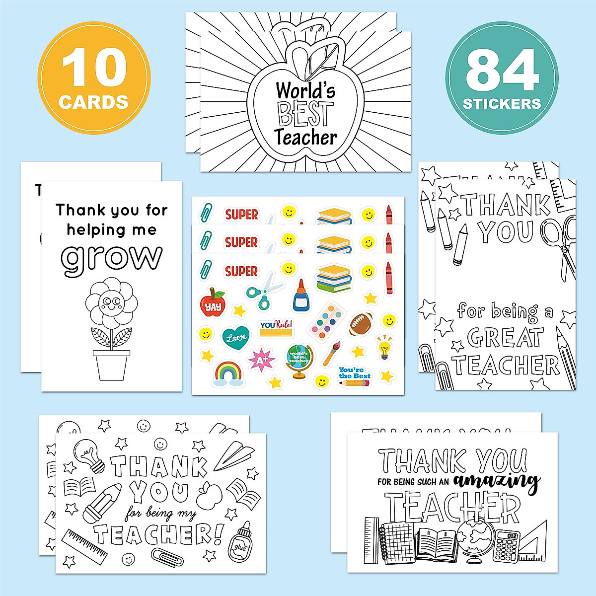 Gooji 4x6 Kids Teacher Appreciation Cards Teacher Thank You Cards with Stickers for Coloring and Fun DIY Project School Classroom Gift Elementary Kindergarten Preschool 10 Pack