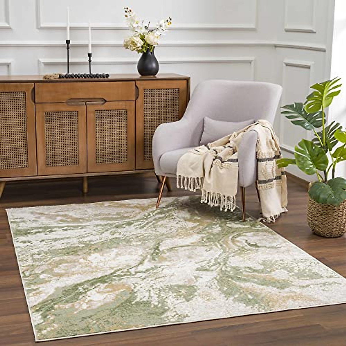 Liverpool Modern Abstract Bedroom Living Room Area Rug - Boho Carpet - Contemporary Bohemian Farmhouse - Green, Brown, Cream, Off White - 5'3" x 7'