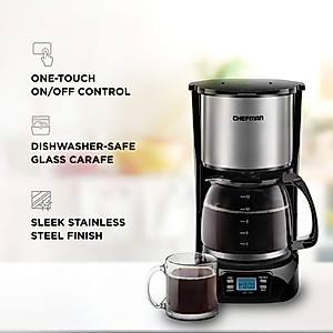 Chefman 12-Cup Programmable Coffee Maker, Electric Brewer, Auto Shut Off, LCD Display With Auto-Brew Function, Anti-Drip Pot, Reusable Filter for Fresh Grounds, Round Stainless Steel, Glass Carafe